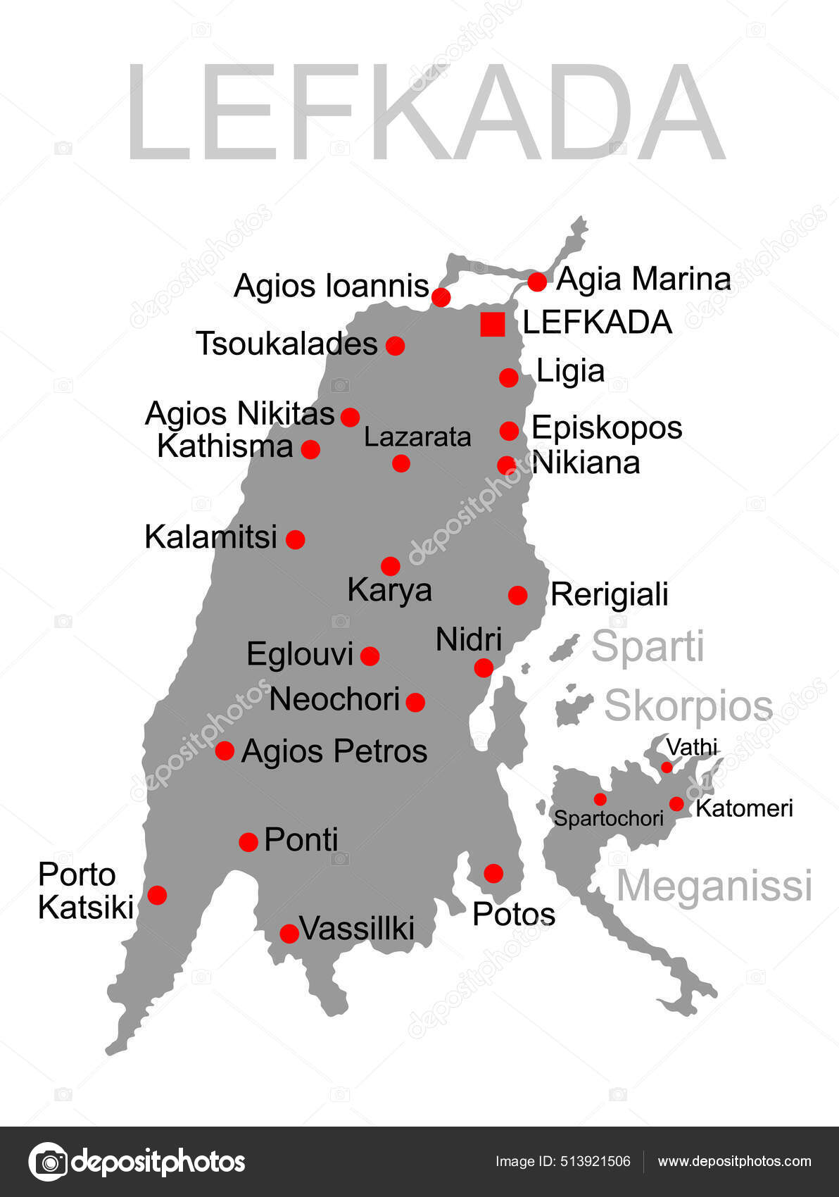 Island Lefkada Greece Vector Map Silhouette Illustration Isolated White ...