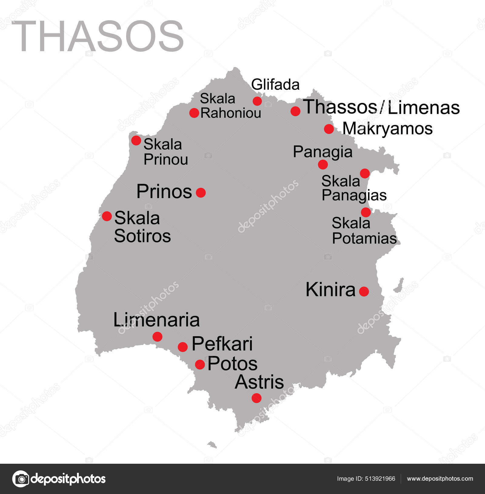 Greek Island Thasos Vector Map Silhouette Illustration Isolated White ...