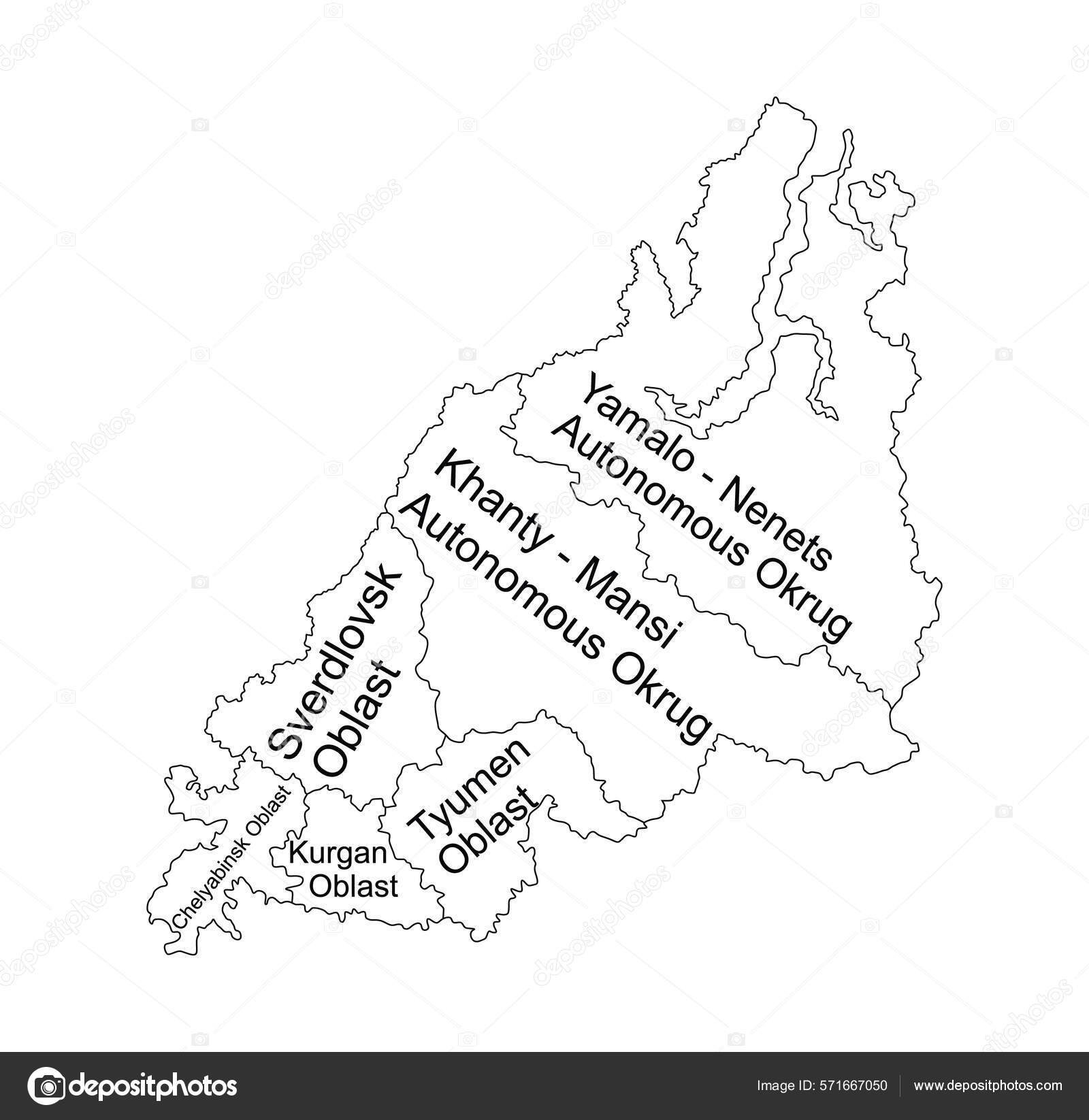 Map Ural Federal District Russia Borders Regions Vector Silhouette ...