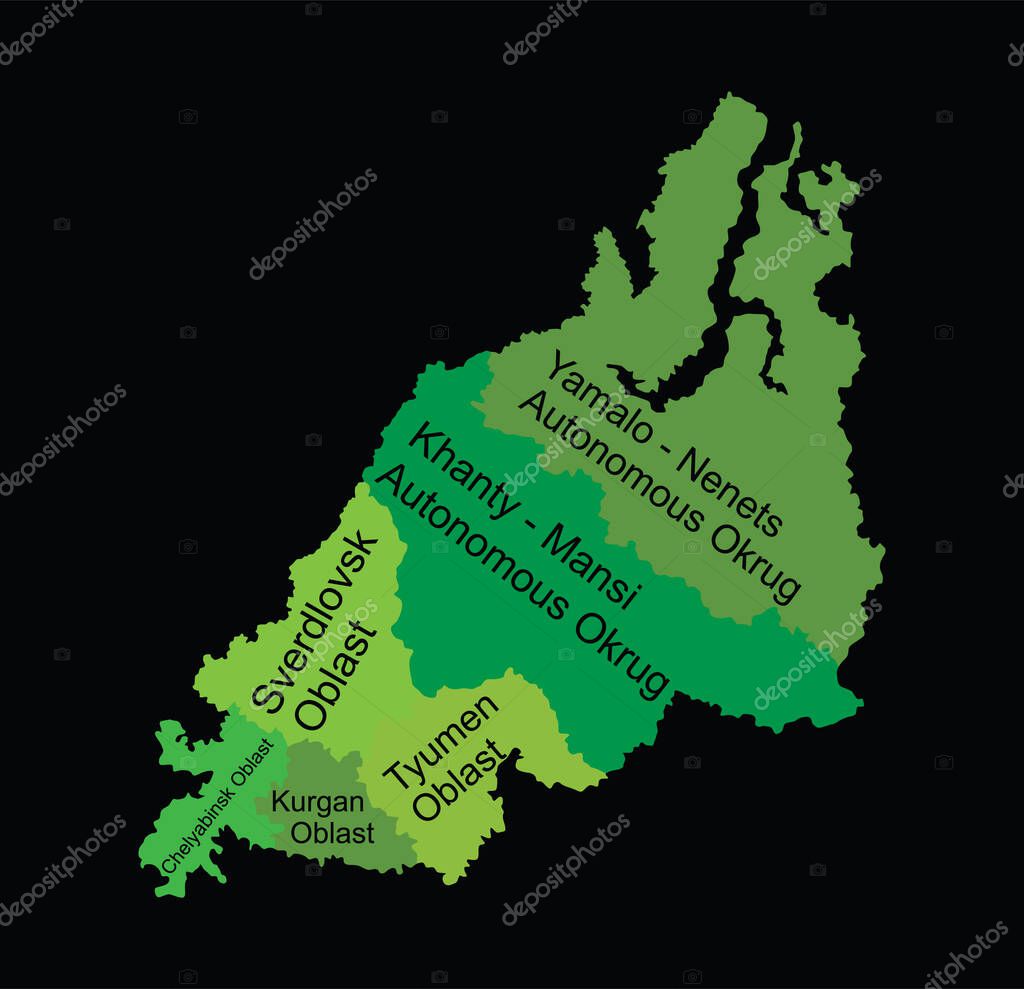 Map of Ural Federal District of Russia with borders of regions vector ...