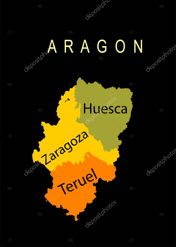 Bandera emblema de la comunidad autónoma Aragón mapa vector silueta ...
