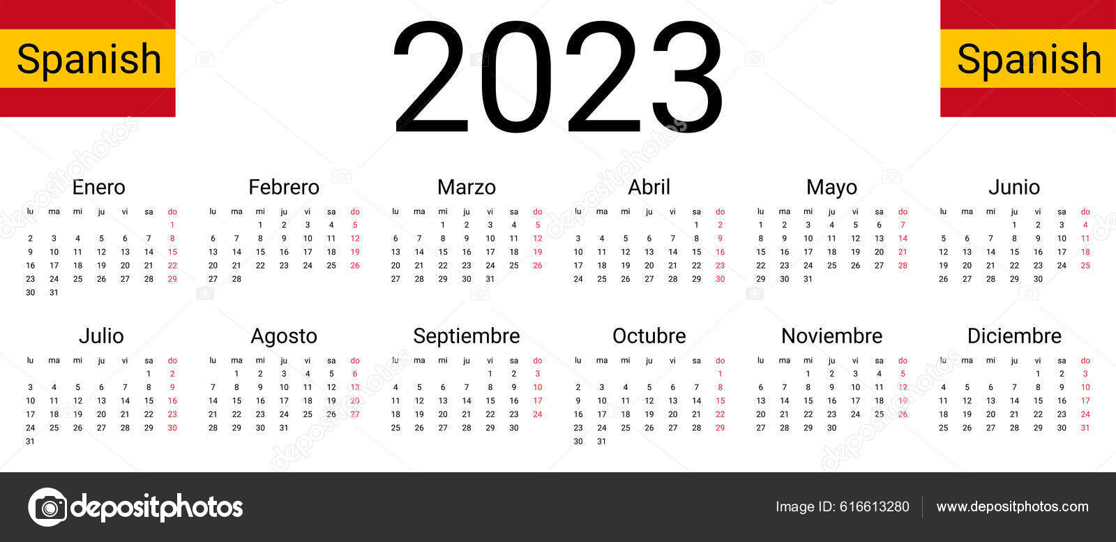 Calendário Espanhol 2023 Modelo Design Ilustração Vetorial Começar ...
