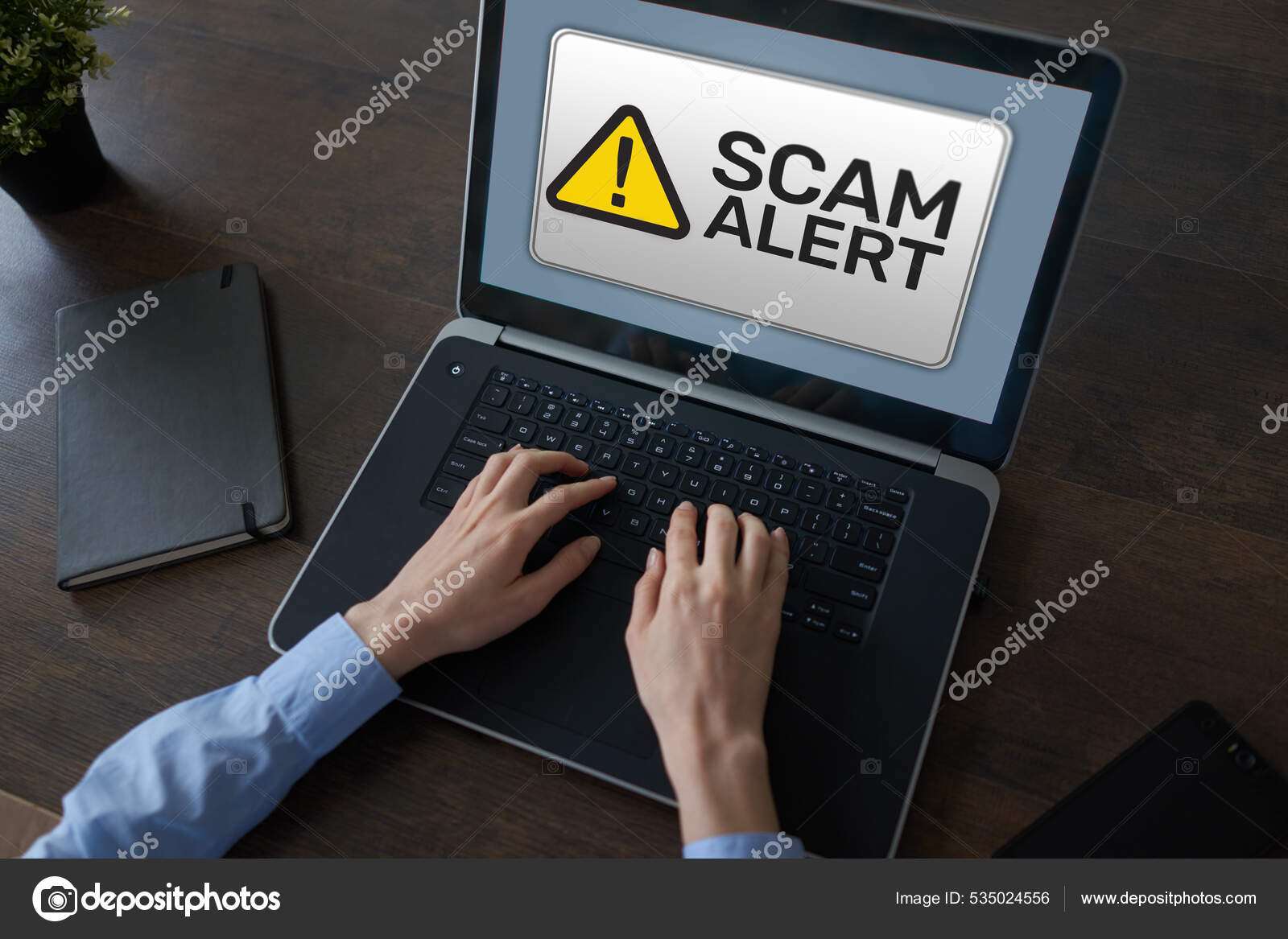 Scam alert detecting warning. Notification on device screen. — Stock ...
