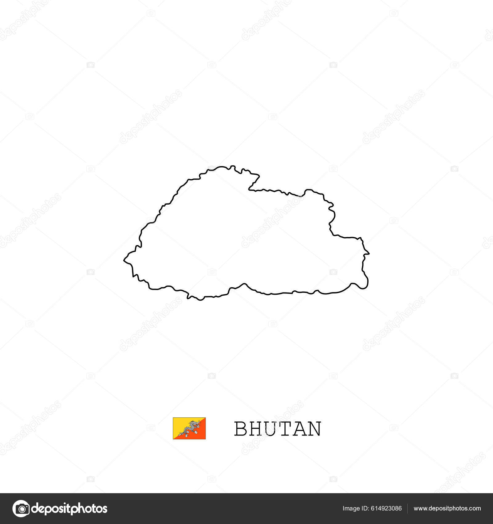 Bhután Mapa Vectorial Contorno Línea Lineal Mapa Negro Bután Sobre ...