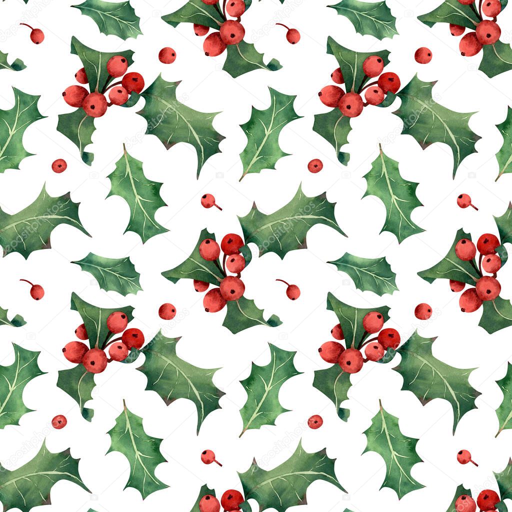 Seamless christmas holly berries pattern. Watercolor background with ...