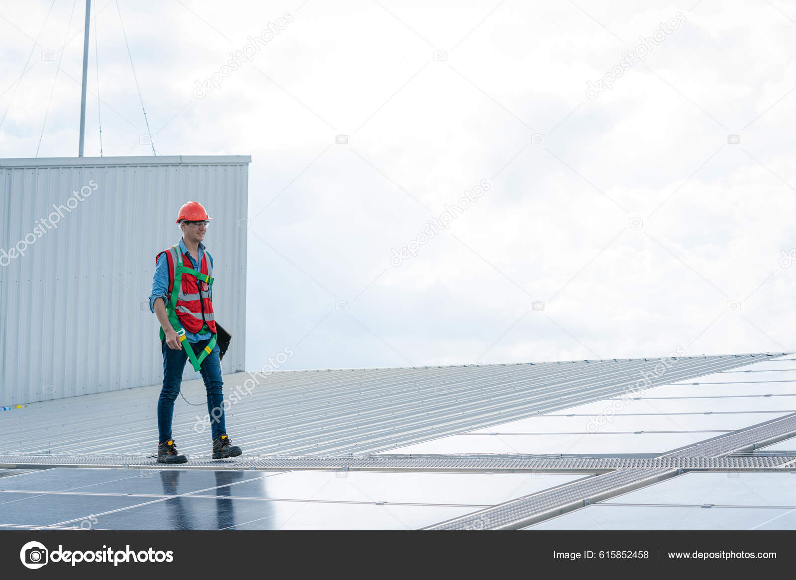 Solar Panel Energy Electrical Engineer Man Working Solar Station Roof ...