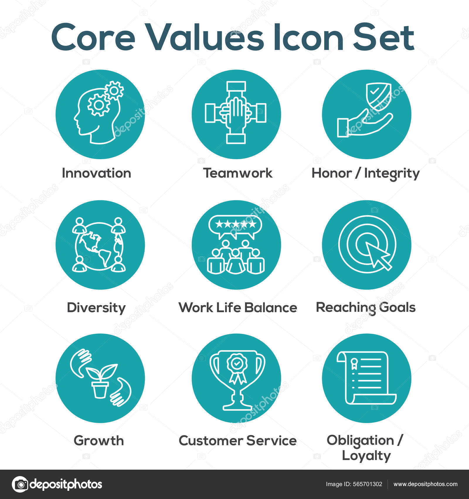 Core Values Icon Set Teamwork Work Life Balance Diversity Stock Vector ...