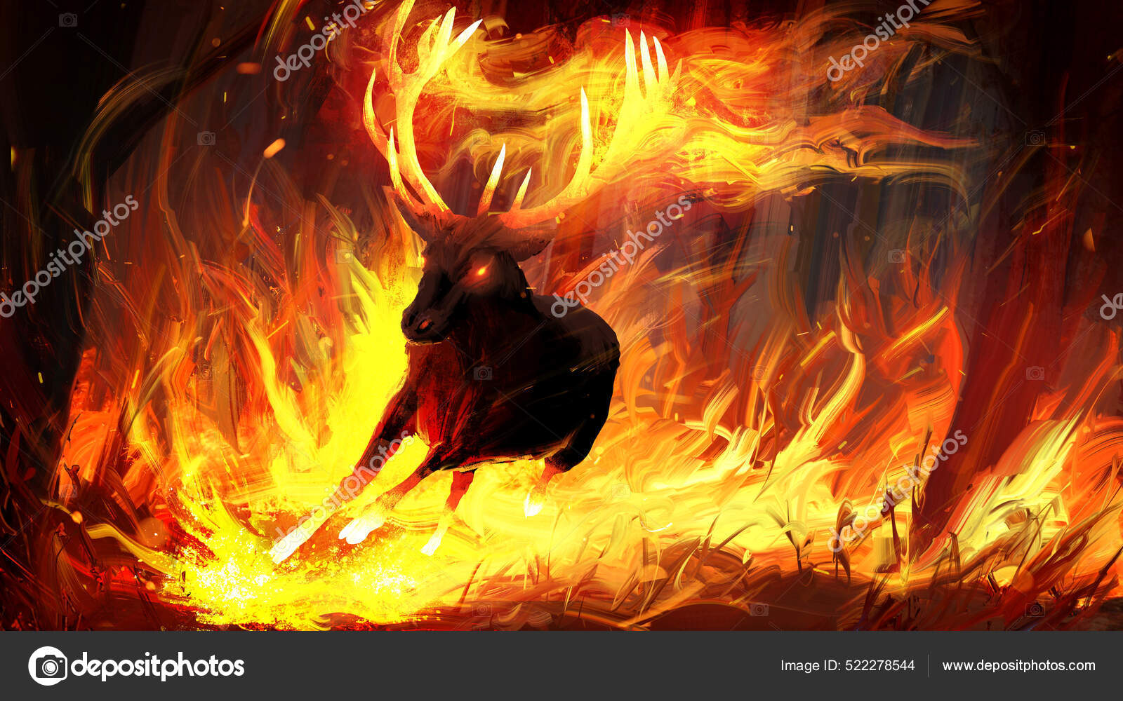 Fiery Black Silhouette Angry Deer Run Burning Forest Its Hooves Stock ...