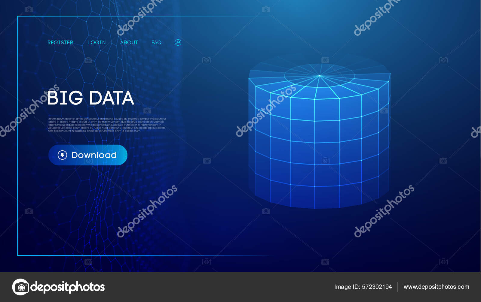 Bid data blue background. Wireframe cylinder vector. Network connection ...