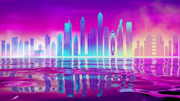 Synthwave pink retro city with the night sky. Digital city retro future ...