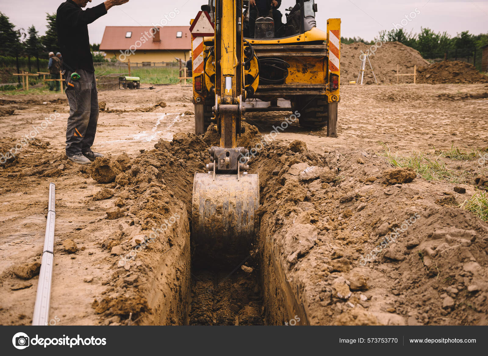 Excavator Working House Construction Site Digging Foundations Modern ...