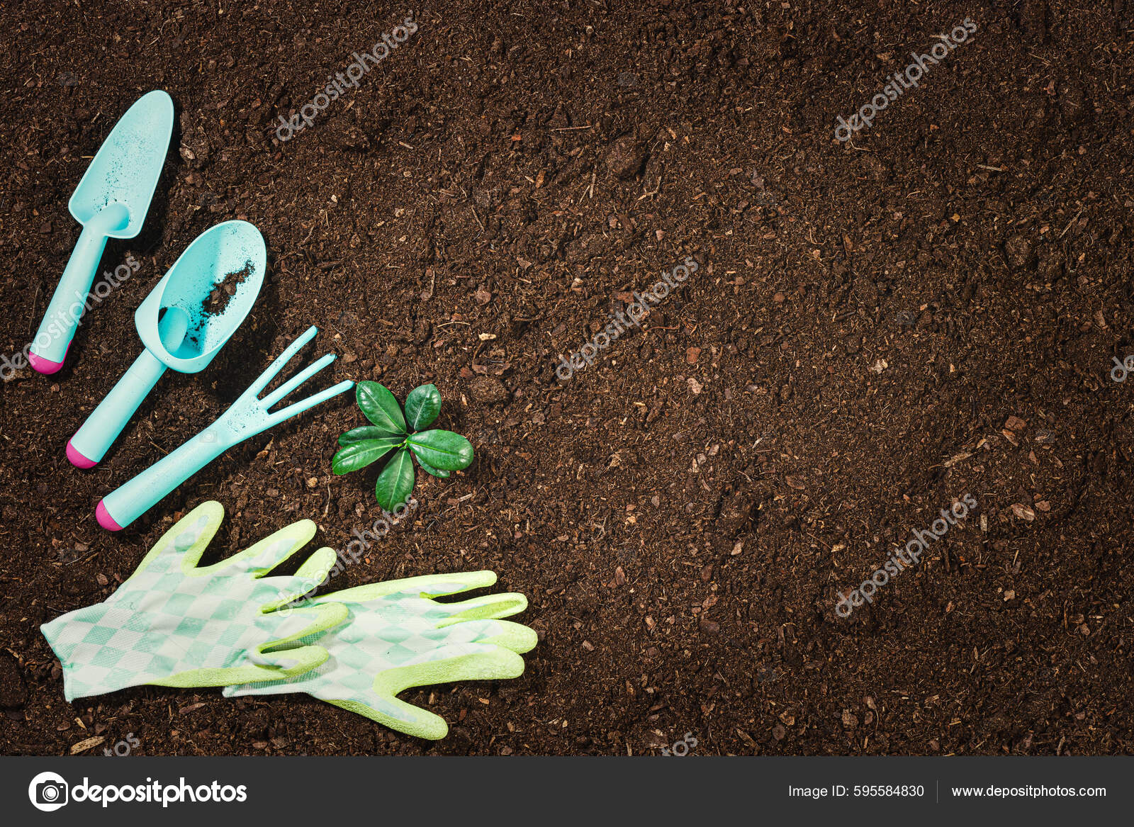 Gardening Tools Fertile Soil Texture Background Seen Top View Gardening ...