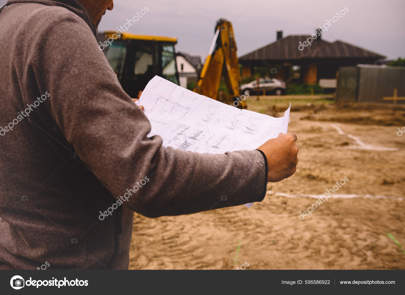 Architect Showing House Build Plans Building Site Engineer Working ...