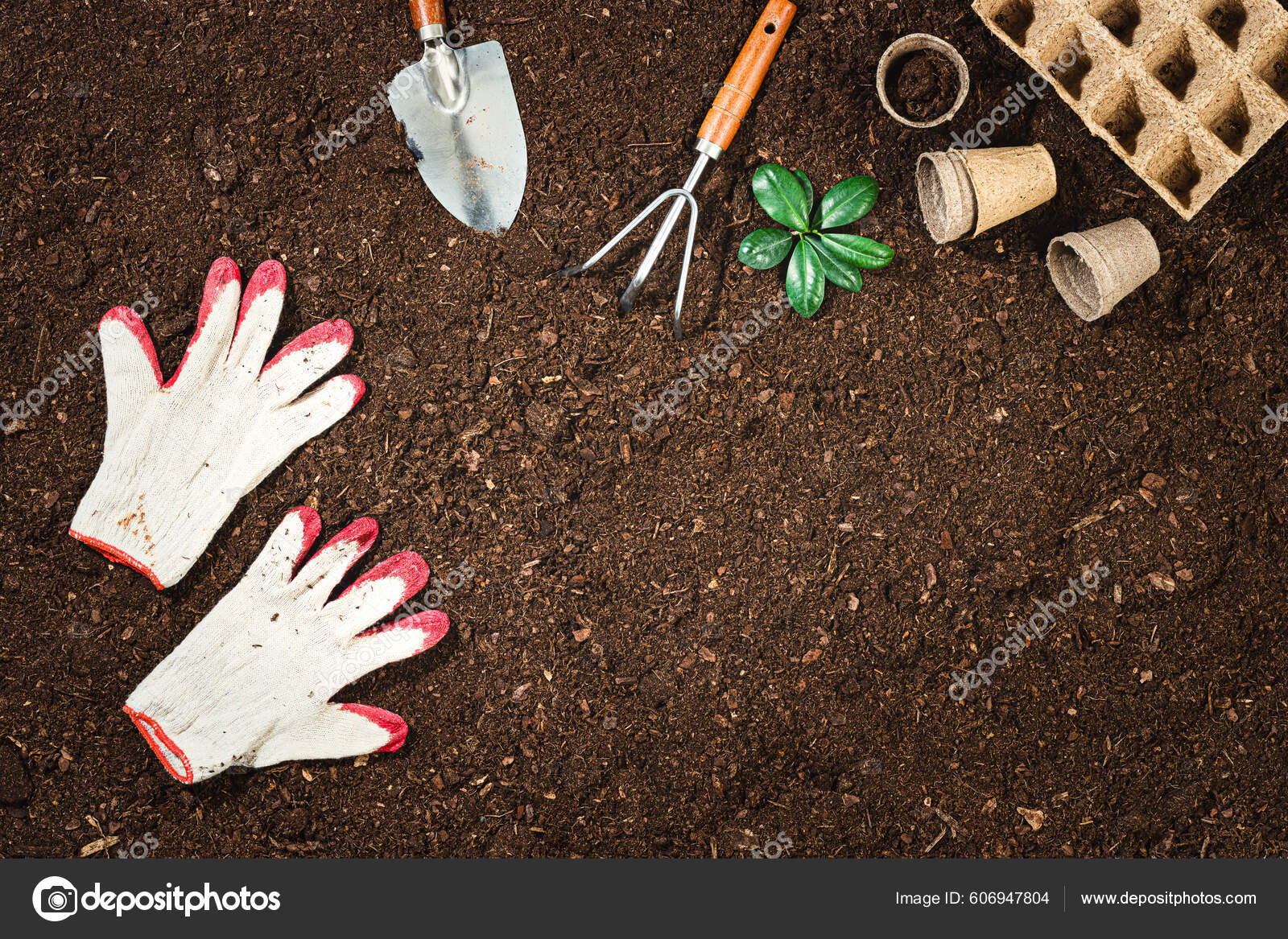 Gardening Tools Fertile Soil Texture Background Seen Top View Gardening ...