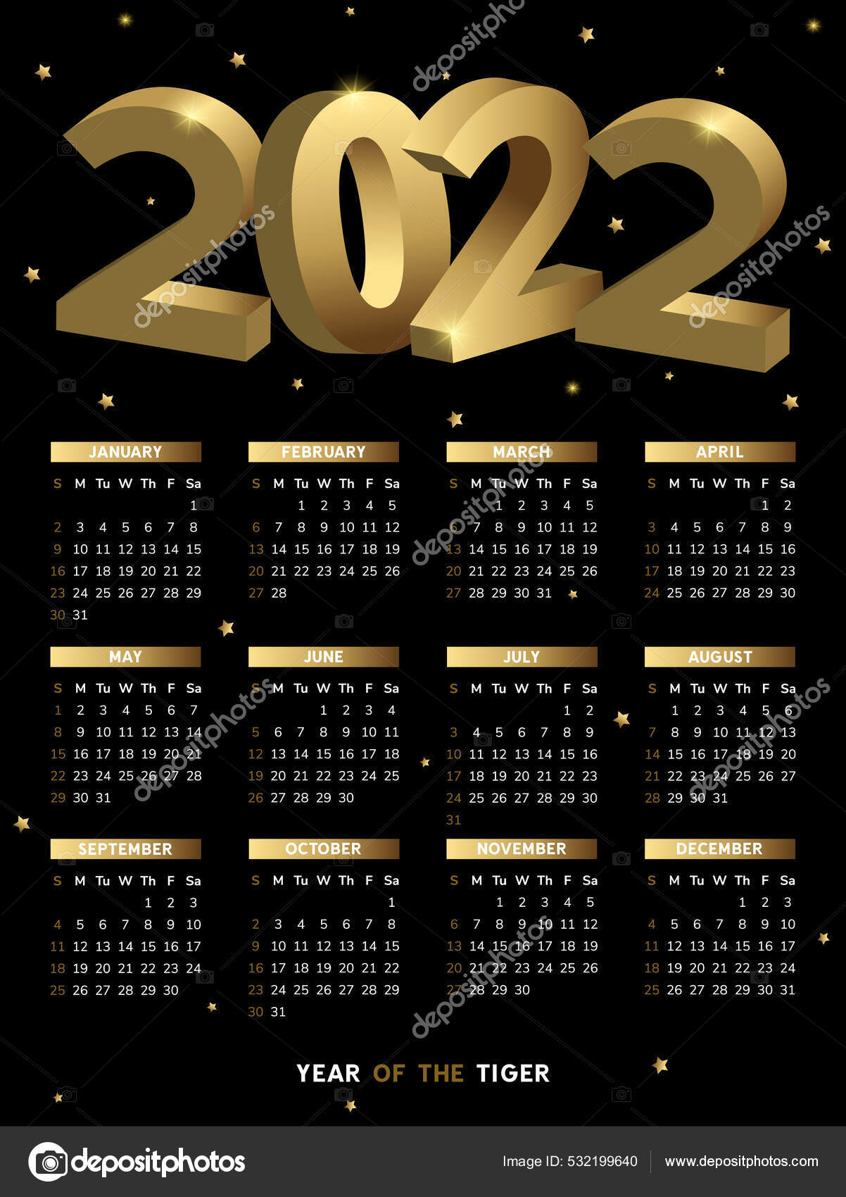 Wall Calendar 2022 Gold Numbers Black Background Vector Illustration ...