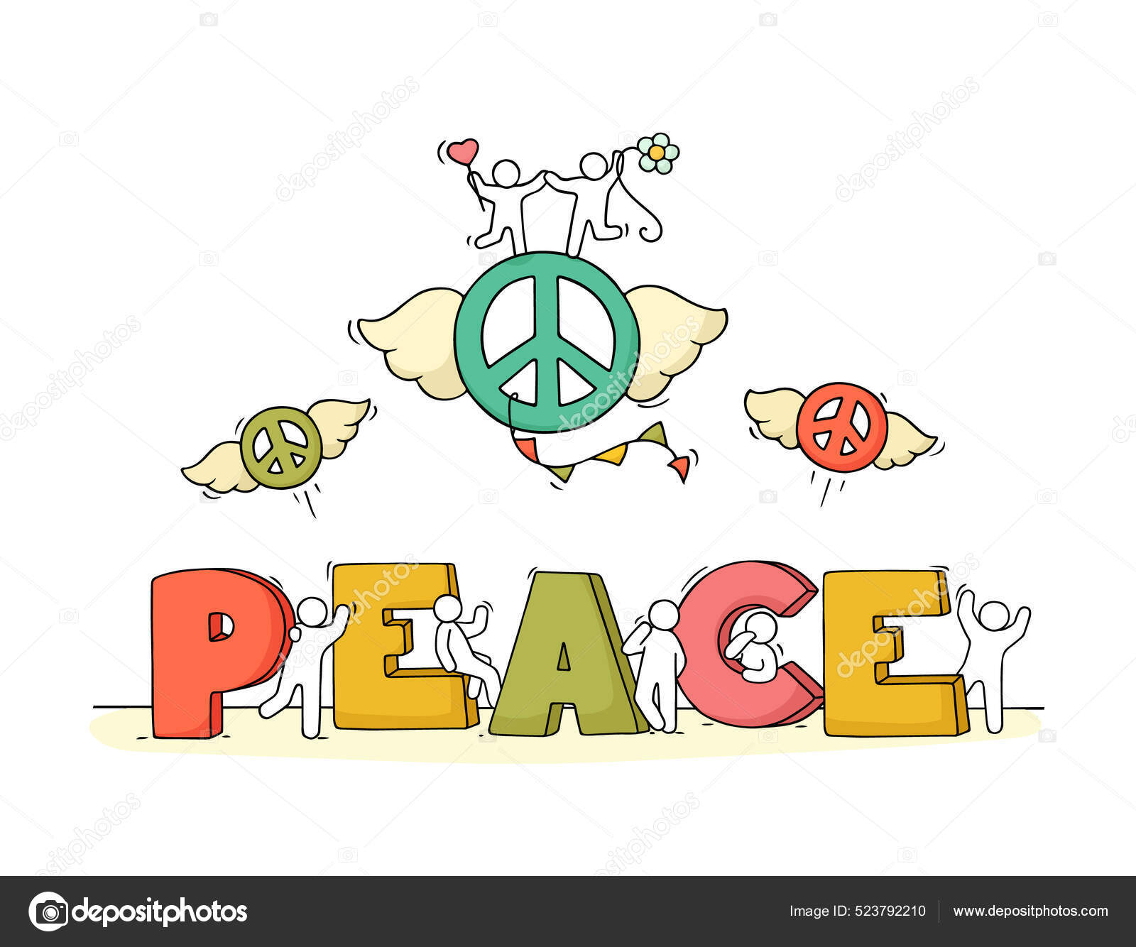 Little People Word Peace Hand Drawn Cartoon Vector Illustration ...