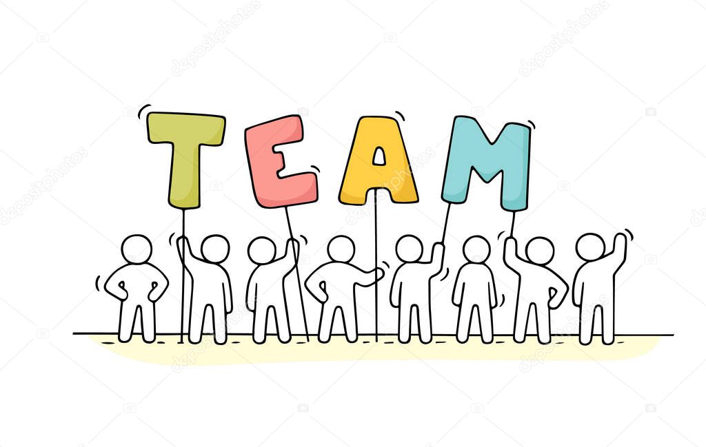 Bosquejo Gente Pequeña Trabajando Con Equipo Palabras Doodle Linda ...