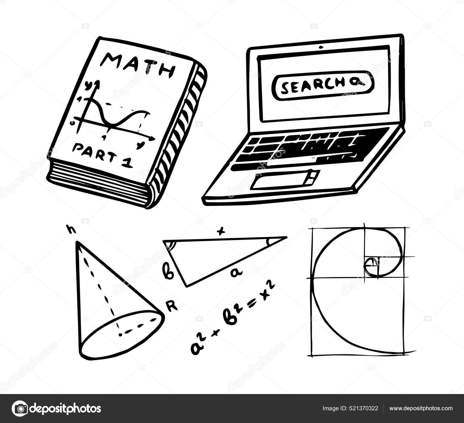 Iconos matemáticos. Computadora y libro, cono e hipotenusa. Gráficos y ...