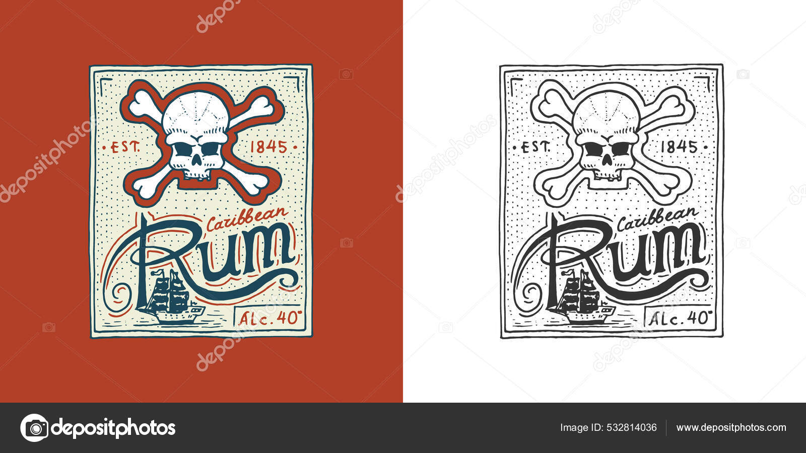 Rum label badge and skull. Strong Alcohol logo with calligraphic ...