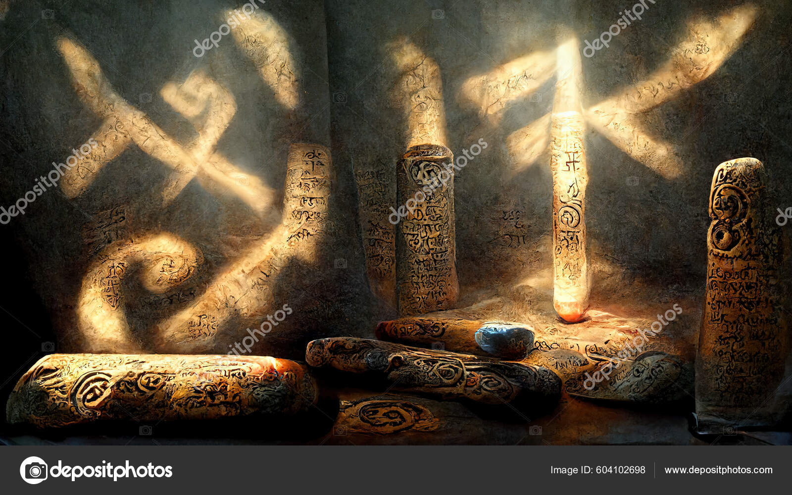 Runes Stone Cuneiform Celtic Patterns Magic Books Artifacts Stock Photo ...