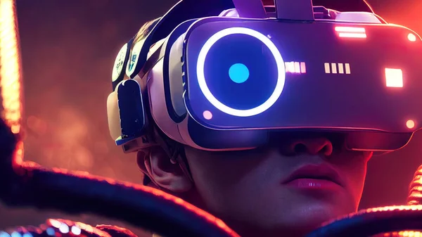 Man wearing 3d VR headset glasses looks up in cyberspace of metaverse. Virtual reality or ...