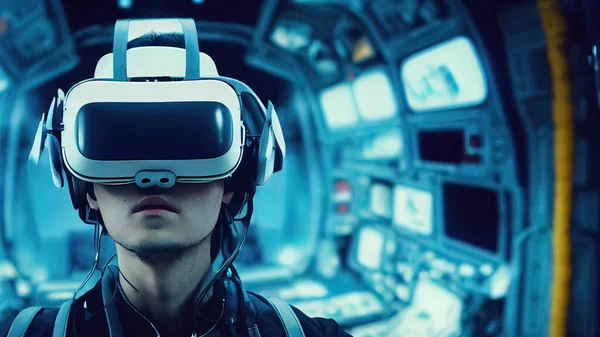 Man wearing 3d VR headset glasses looks up in cyberspace of metaverse. Virtual reality or ...