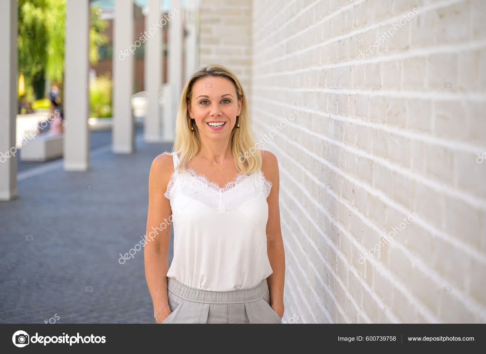 Relaxed Friendly Blond Woman Standing Portico Giving Camera Beaming ...