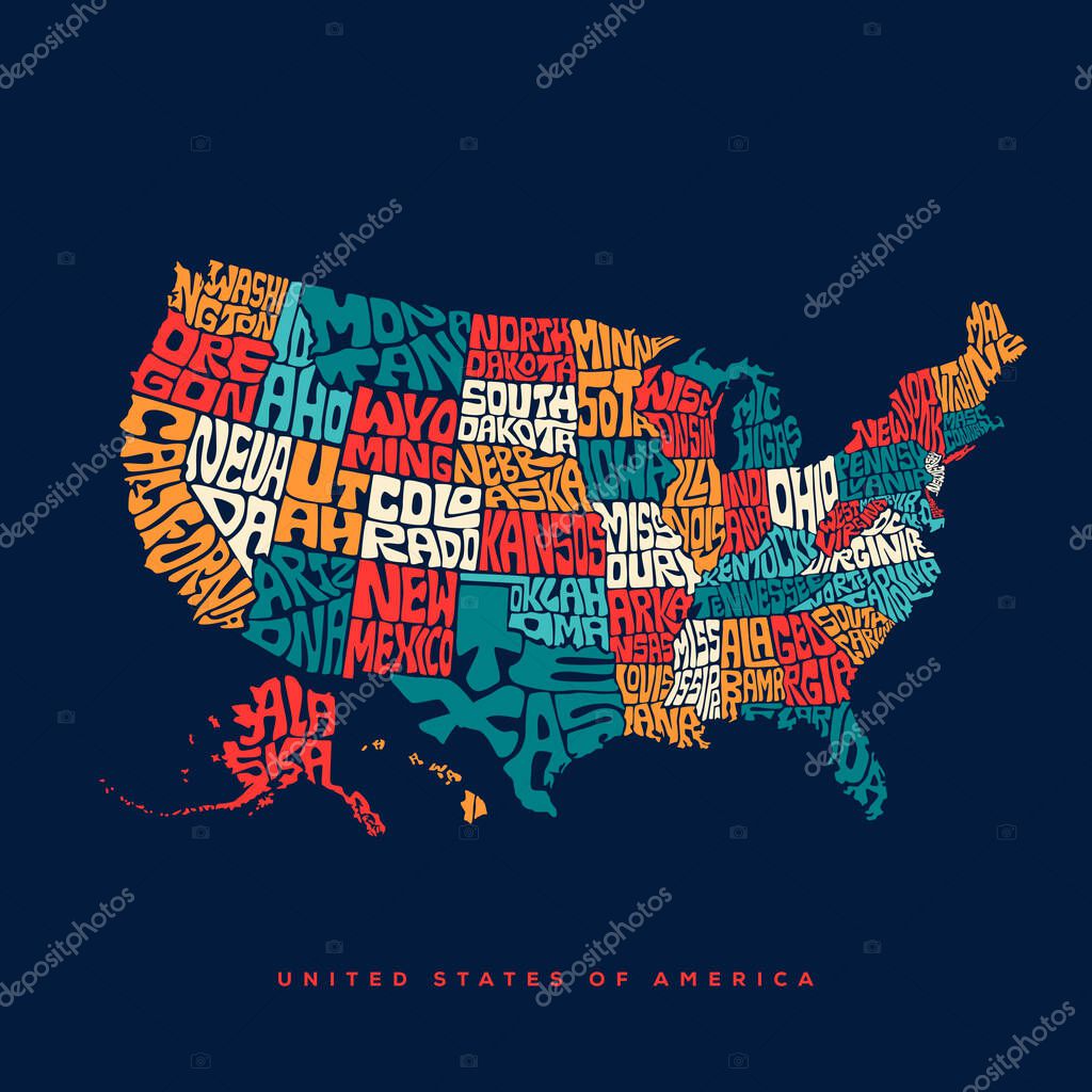 Tipografía mapa USA. Estados Unidos de América mapa tipografía arte ...