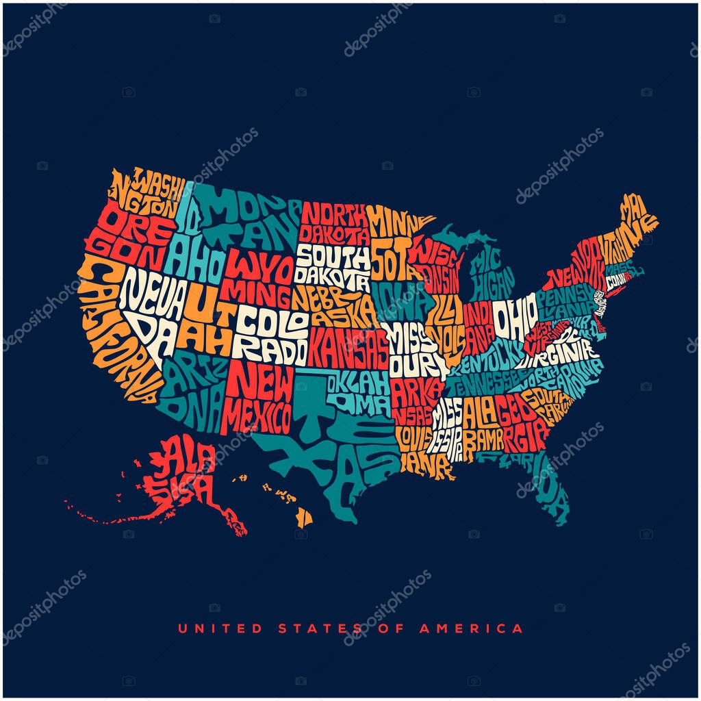 Tipografía mapa USA. Estados Unidos de América mapa tipografía arte ...