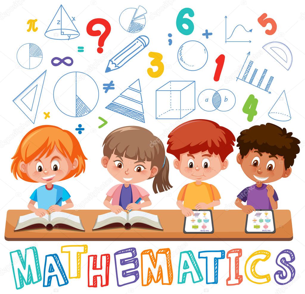 Niños aprendiendo matemáticas con símbolos matemáticos e ilustración de ...