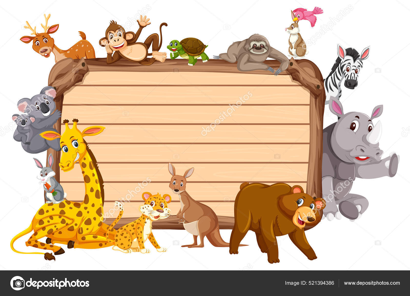 Empty Wooden Board Various Wild Animals Illustration Stock Vector by ...