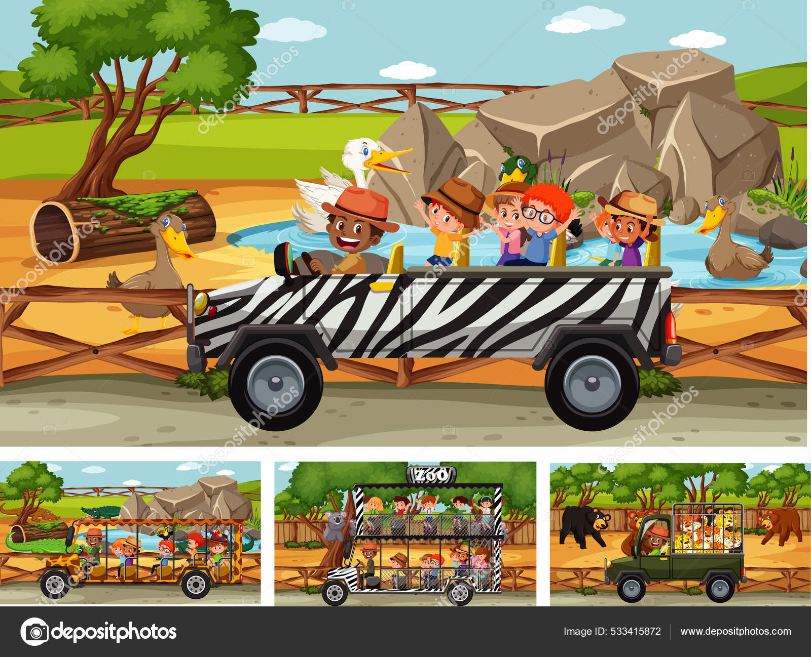 Different Safari Scenes Animals Kids Cartoon Character Illustration ...
