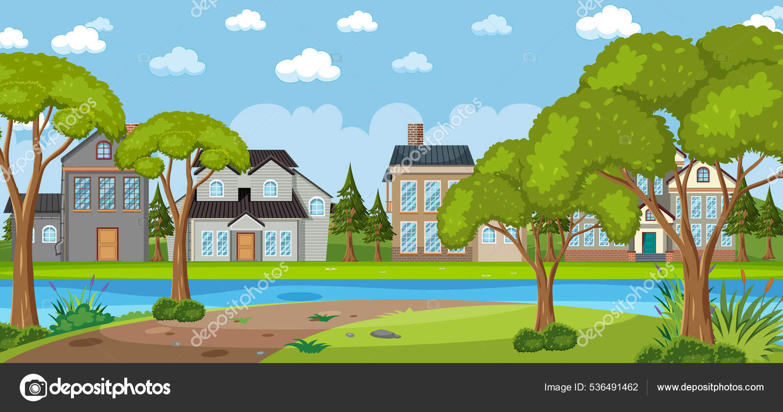 Landscape Scene Park Houses Background Illustration Stock Vector Image ...