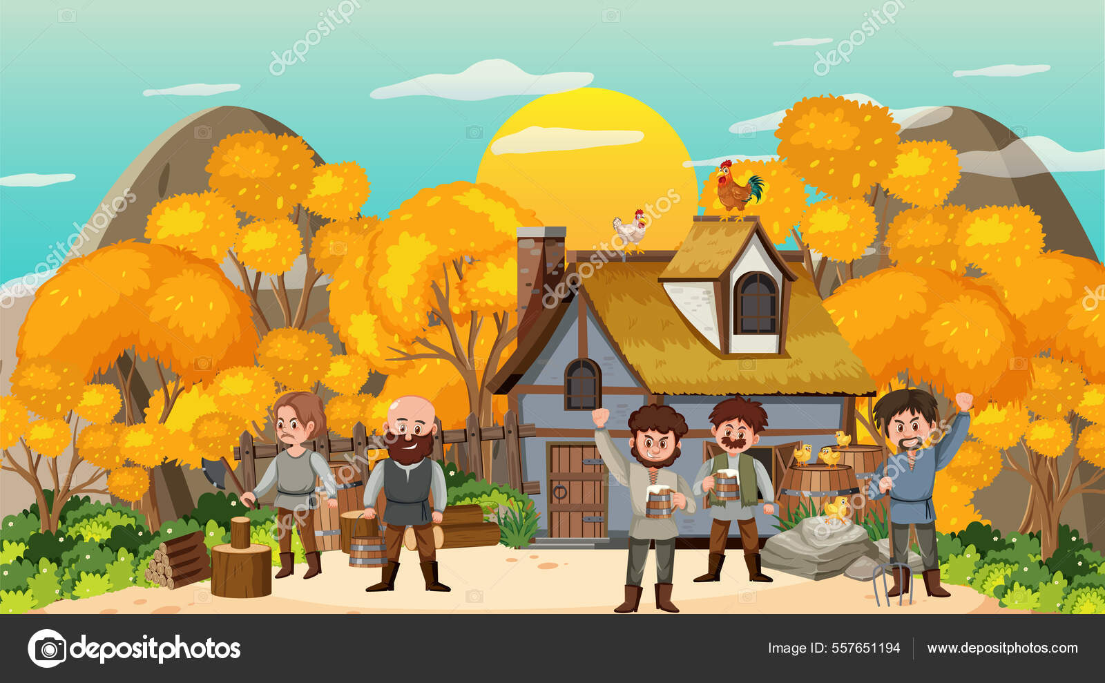 Escena Medieval Pueblo Con Ilustración Aldeanos Vector de stock por ...