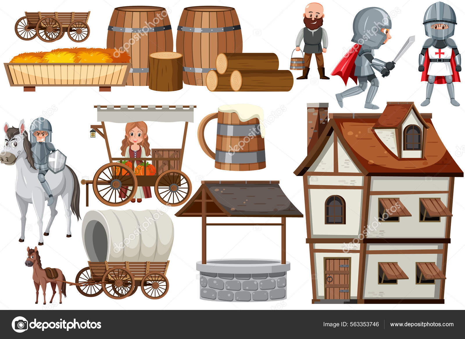 Medieval Characters Buildings Set Illustration Stock Vector Image by ...