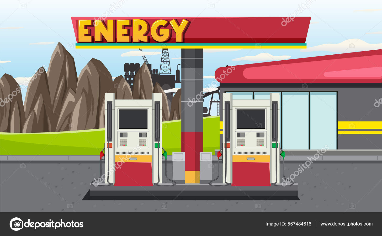 Posto Gasolina Desenho Animado Cena Ilustração imagem vetorial de brgfx ...