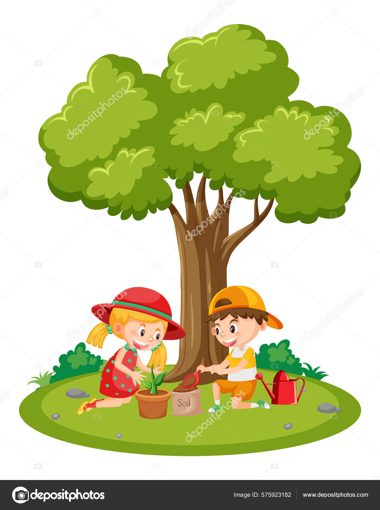 Uteplats Med Barn Plantering Träd Illustration — stockvektor av ©brgfx ...