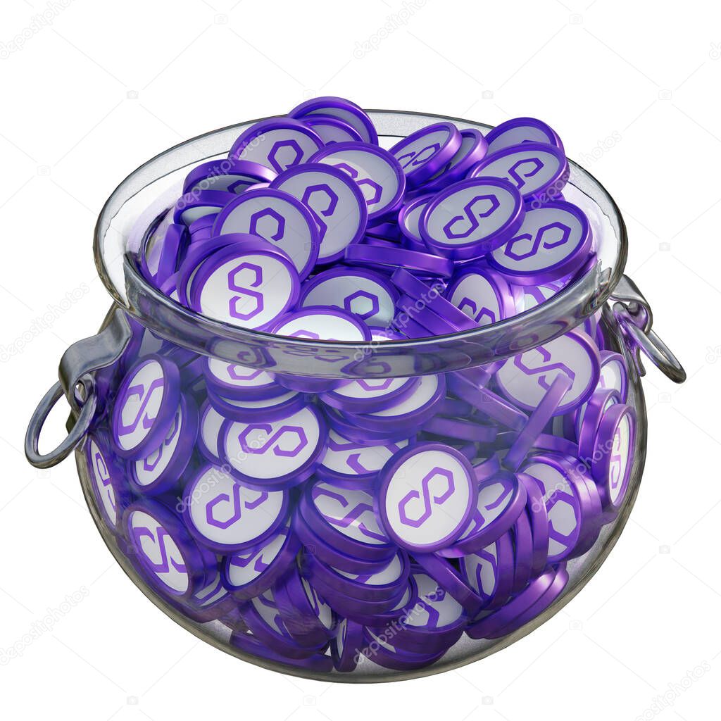 Polygon (MATIC) in 3D crypto coin saving bank with stack coins on ...