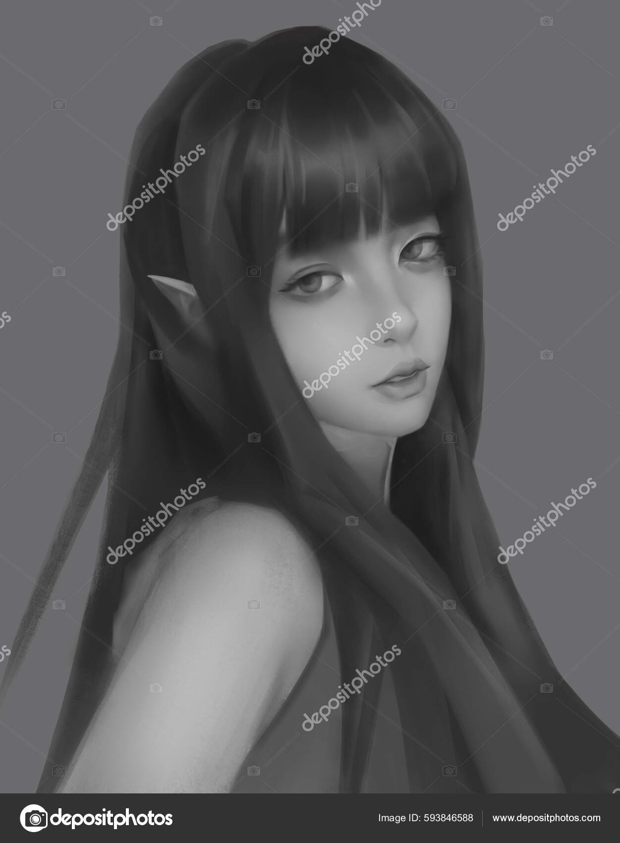 Beautiful Girl Elf Her Eyes Sad Concept Art Book Illustration — Stock ...