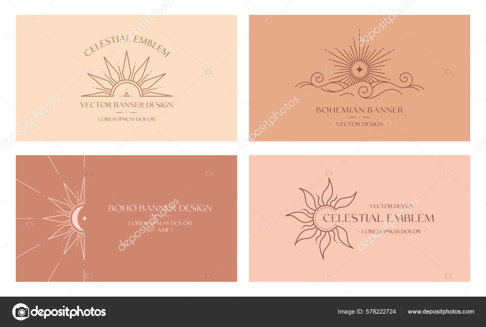 Vector Bohemian Logo Designs Sun Cloud Sea Waves Light Rays Stock ...