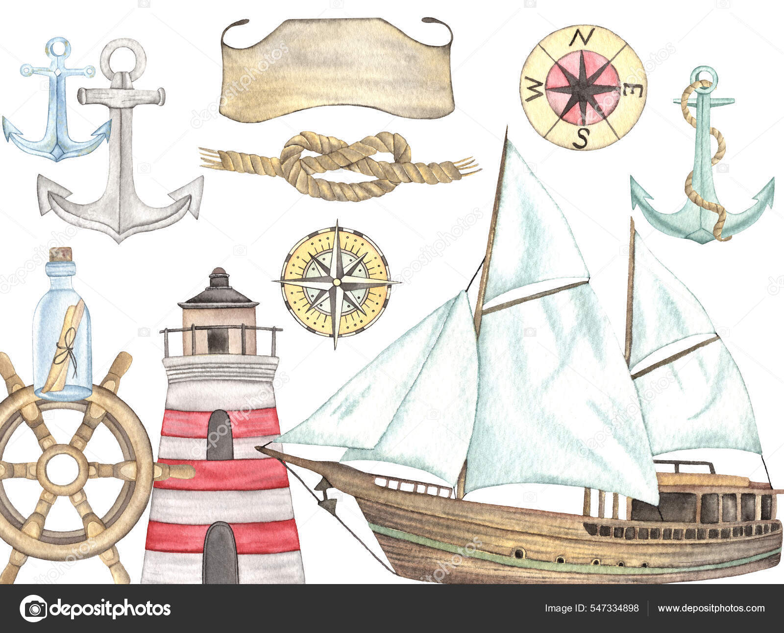 Watercolor Sea Nautical Navigation Set with ship, anchors, bottle and ...