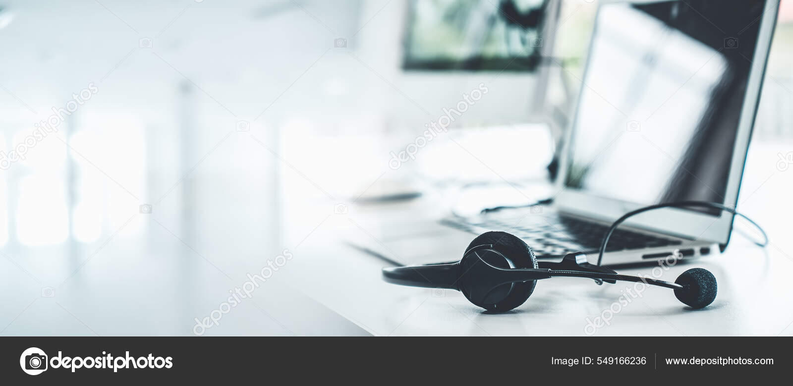 Headset and customer support equipment at call center ready for ...