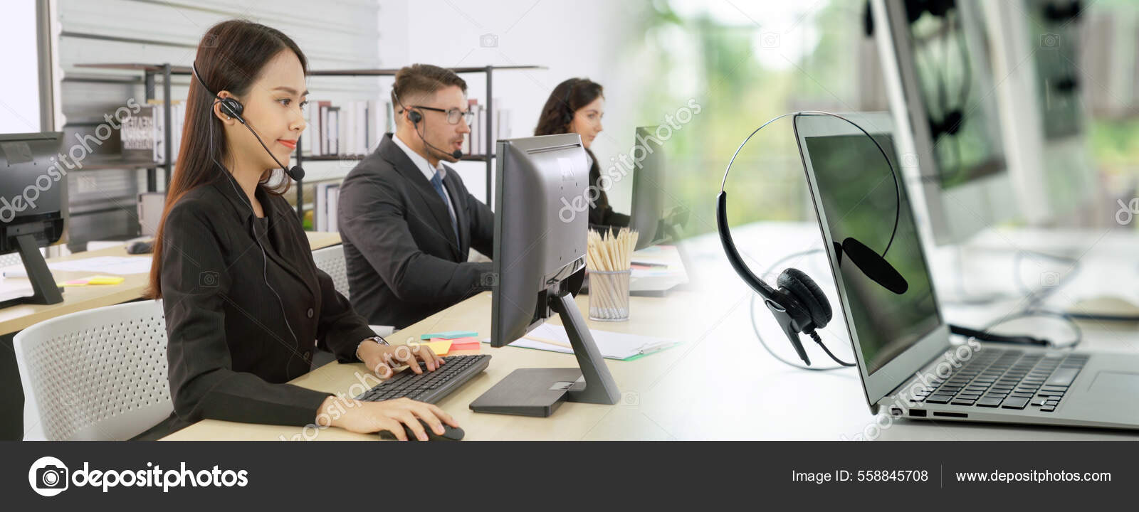 Business people wearing headset working in office broaden view — Stock ...
