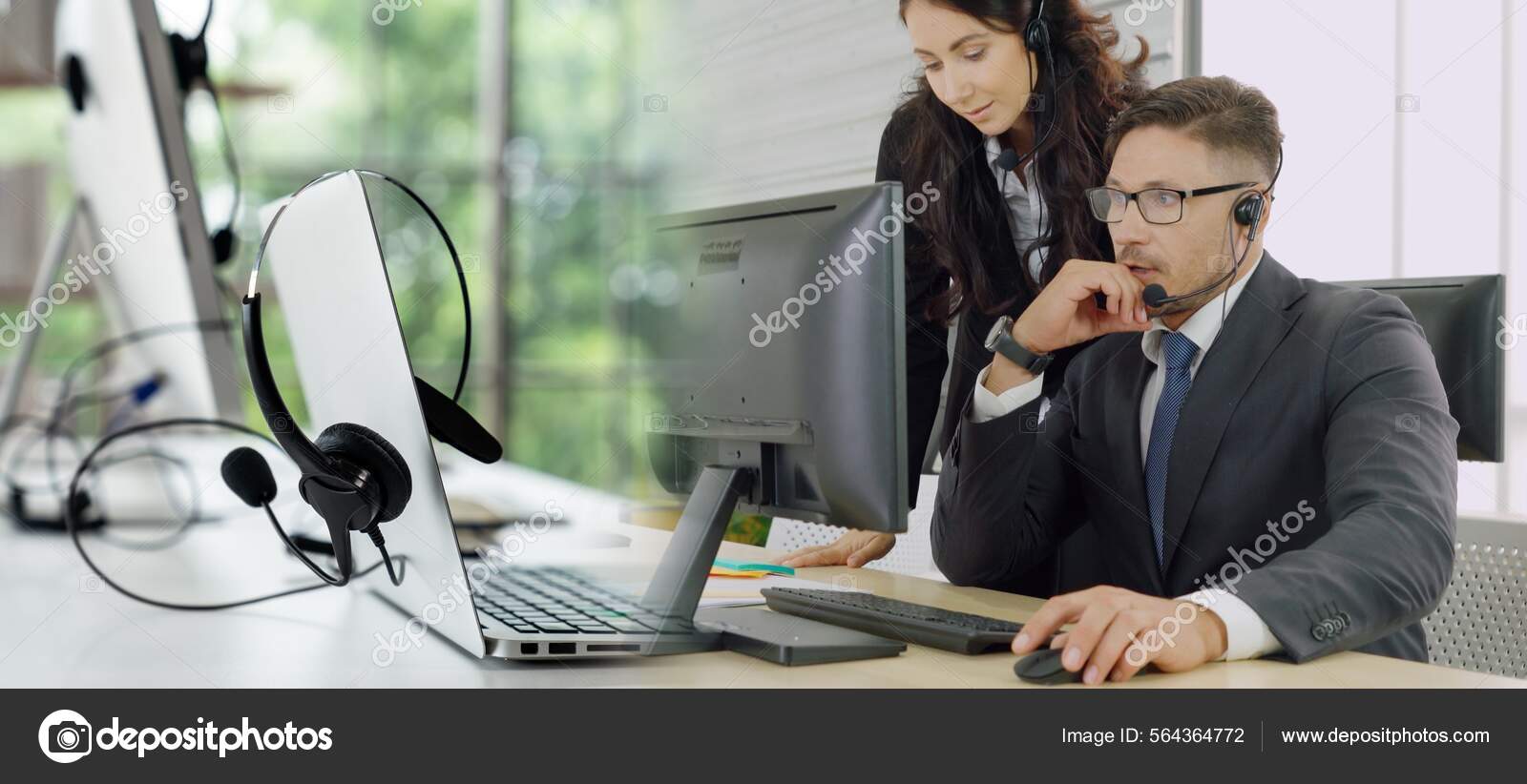 Business people wearing headset working in office broaden view — Stock ...