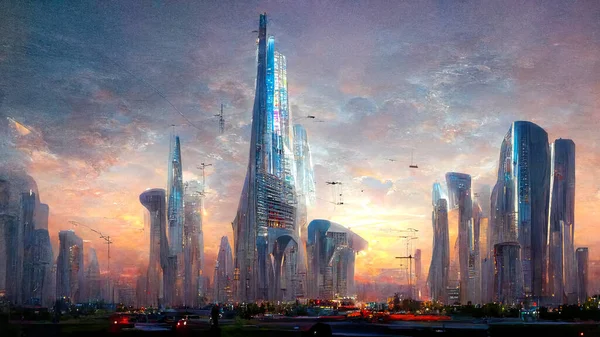 High-rise buildings, flying vehicles, and lush vegetation all coexist ...