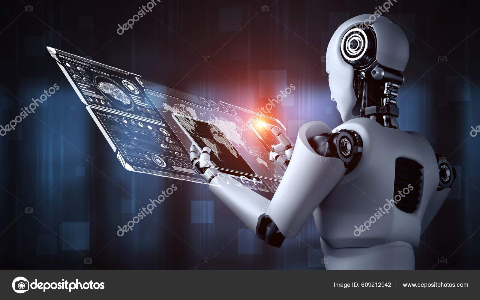 Robot Hominoid Using Tablet Computer Big Data Analytic Using Thinking — Stock Photo © BiancoBlue ...