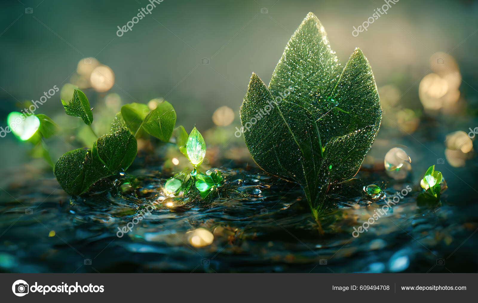 Fantasy Setting Green Leaves Floating Blue Crystal Water Ripples Bokeh — Stock Photo ...