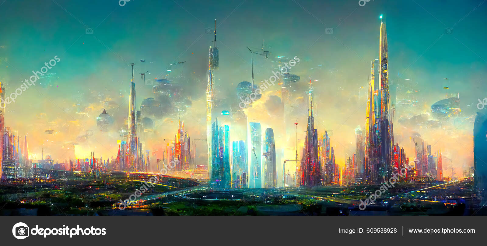 High Rise Buildings Flying Vehicles Lush Vegetation All Coexist ...