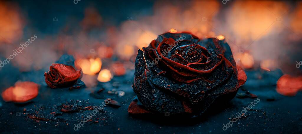 Heartbroken concept by half burnt rose leaving some into black ashes ...